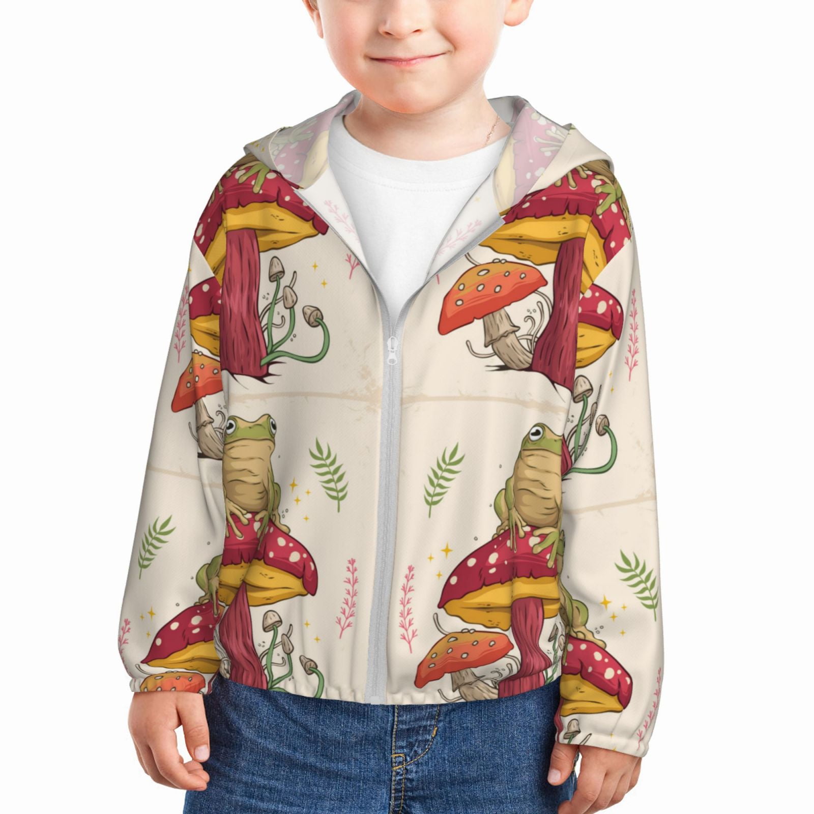 Kids Zip Up Hoodie for Boys Girls Toddler - Frog Sitting On Mushroom Lightweight Long Sleeve 5 ...