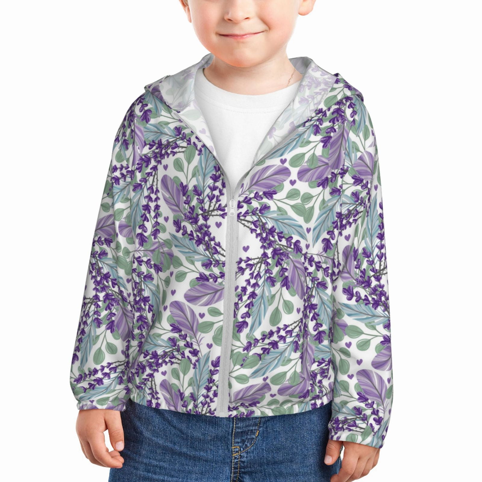 Kids Zip Up Hoodie for Boys Girls Toddler - Green Leaves Lavender Flowers Lightweight Long ...