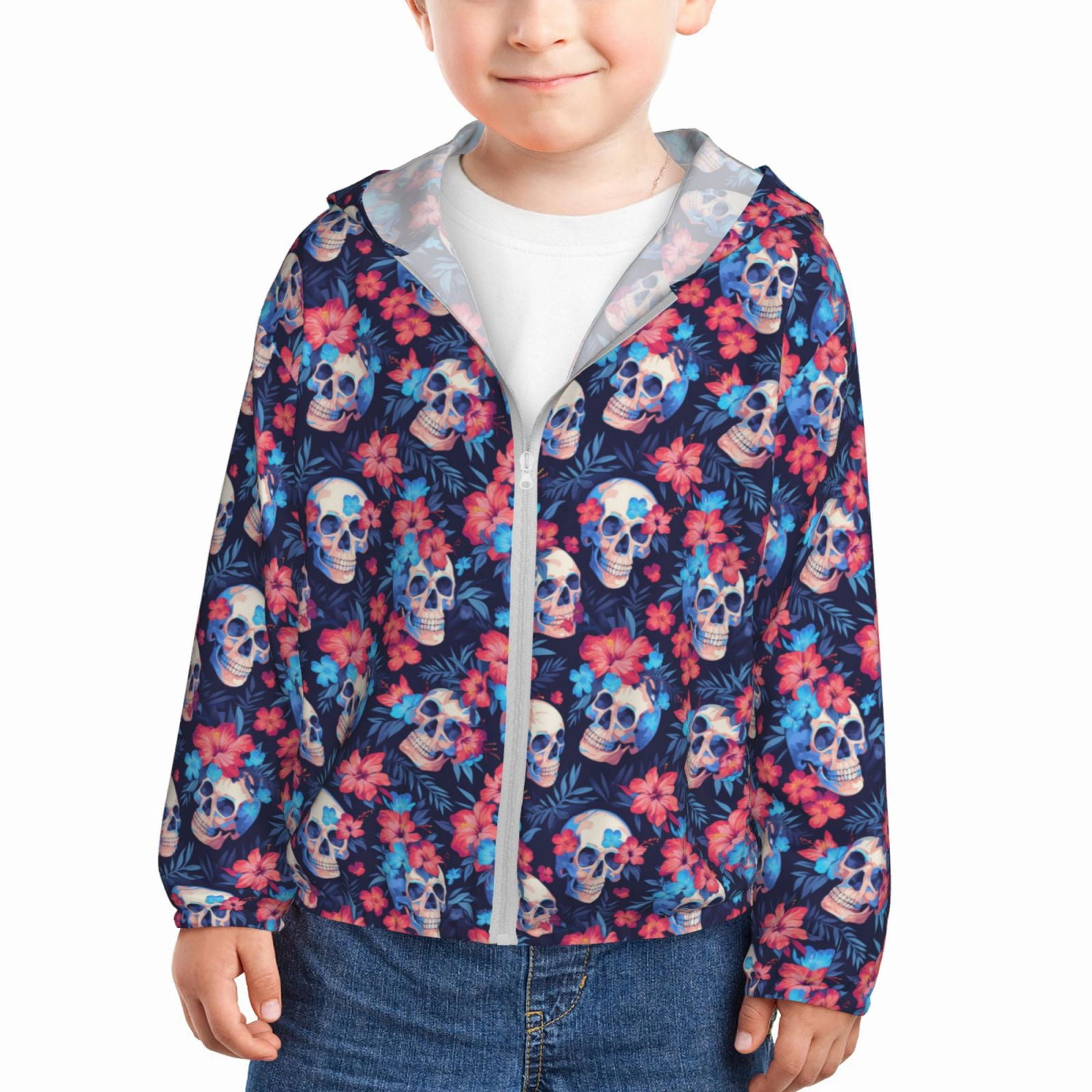 Kids Zip Up Hoodie for Boys Girls Toddler - Skull flower blue ...