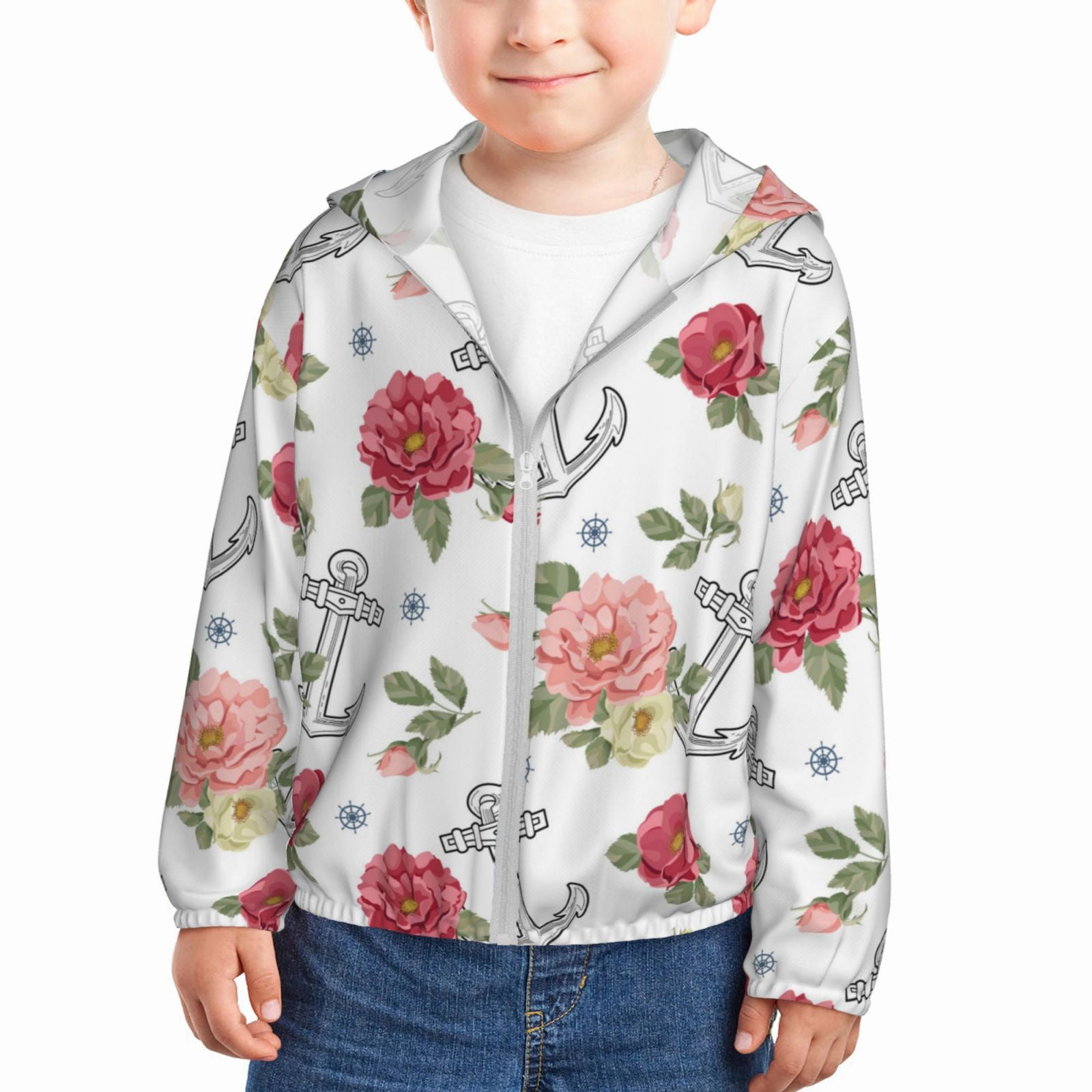 Kids Zip Up Hoodie for Boys Girls Toddler - Vintage roses anchor white Lightweight Long Sleeve 5 ...