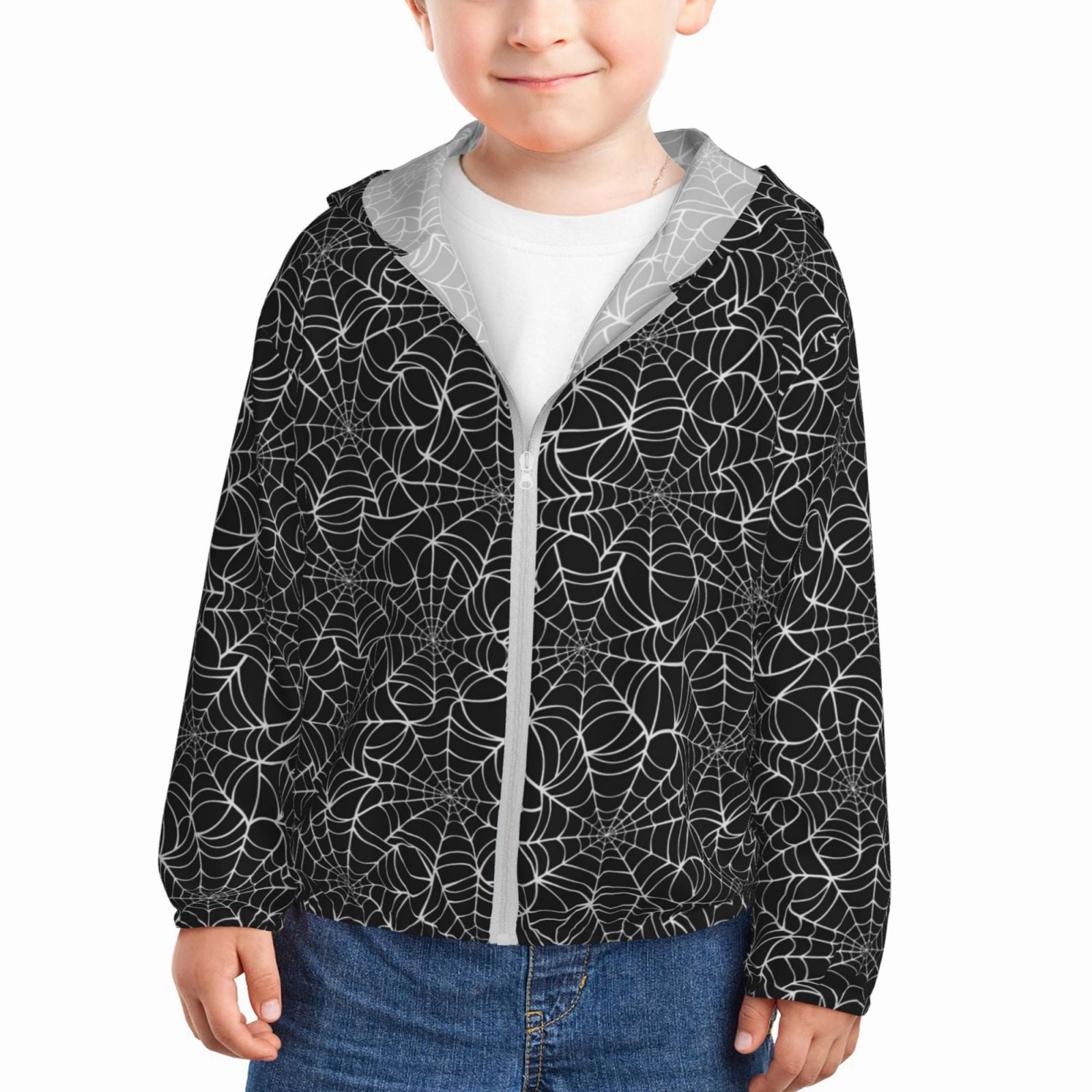 Kids Zip Up Hoodie for Boys Girls Toddler - white spider web cobweb black Lightweight Long ...