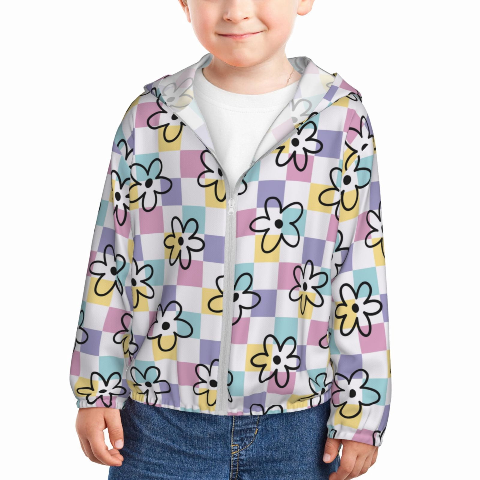 Kids Zip Up Hoodie for Girls Boys Toddler - Floral checkered Plaid ...
