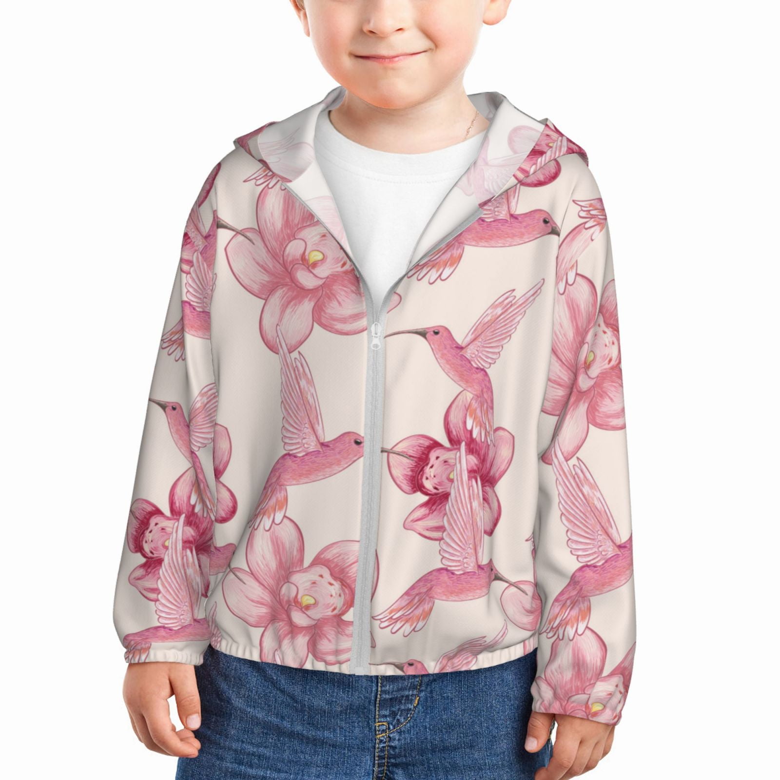 Kids Zip Up Hoodie for Girls Boys Toddler - Pink Hummingbird Flower Lightweight Long Sleeve 4T ...