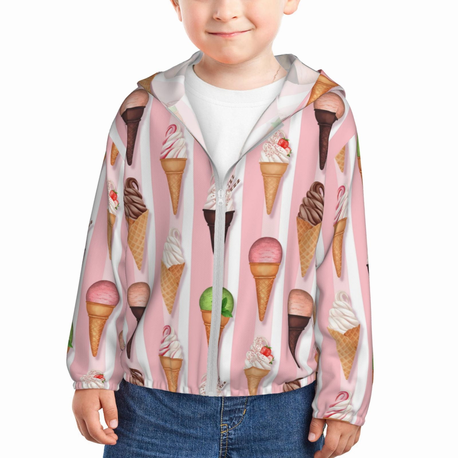 Kids Zip Up Hoodie for Girls Boys Toddler - Summer Ice Cream Pink Lightweight Long Sleeve 5T ...