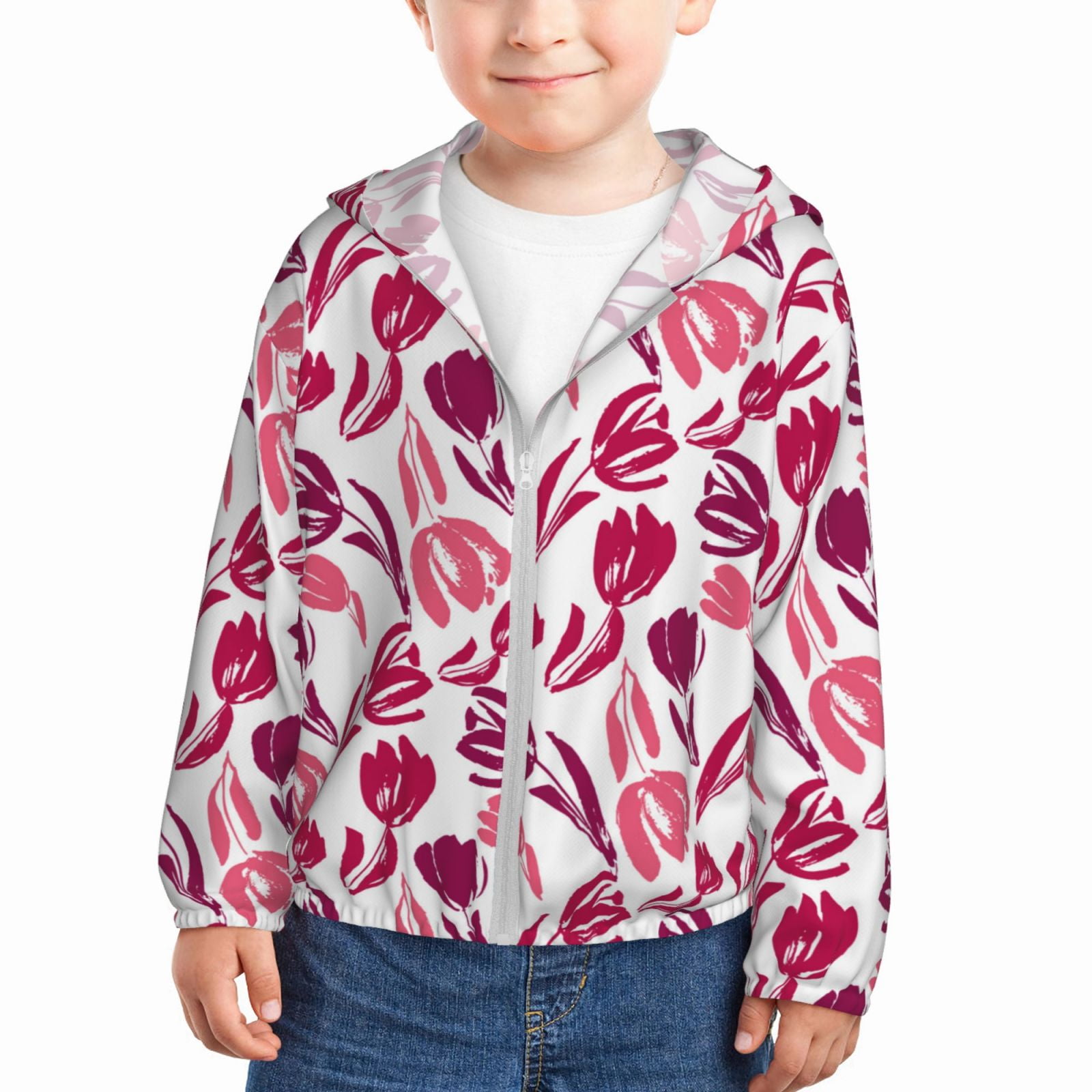Kids Zip Up Hoodie for Girls Boys Toddler - Tulips Flowers Red Pink Lightweight Long Sleeve 3T ...