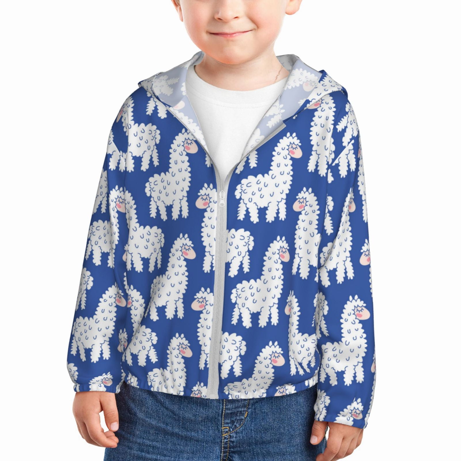 Kids Zip Up Hoodie for Girls Boys Toddler - cute cartoon lama alpaca blue Lightweight Long ...