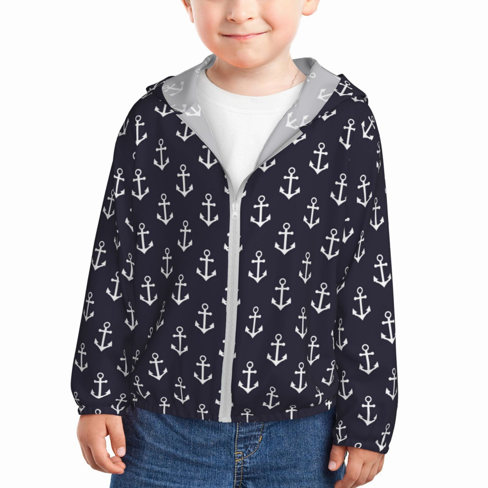 Kids Zip Up Hoodie for Girls Boys Toddler - white anchor navyblue pattern Lightweight Long ...