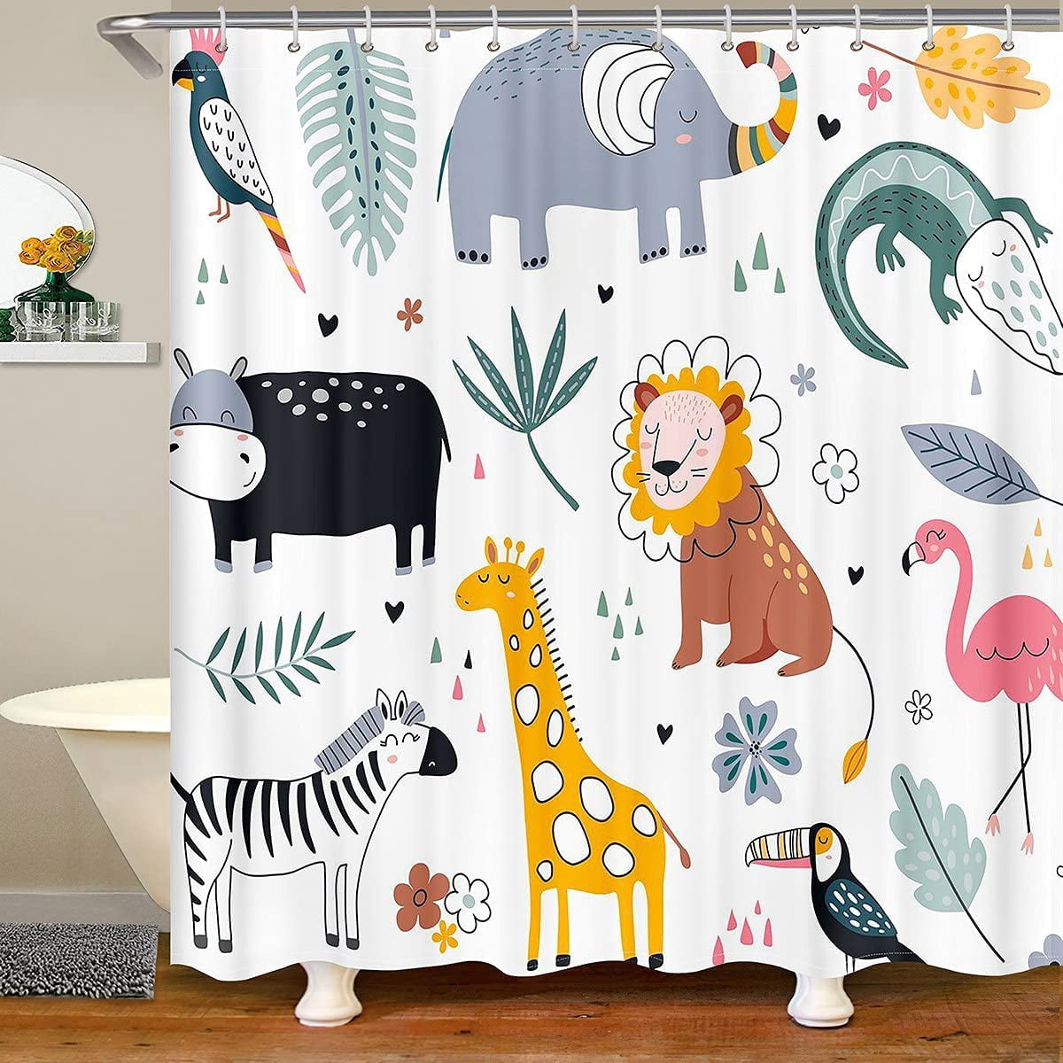 Kids Zoo Animal Bath Curtain Cute Wild Animals Shower Curtain Cartoon ...