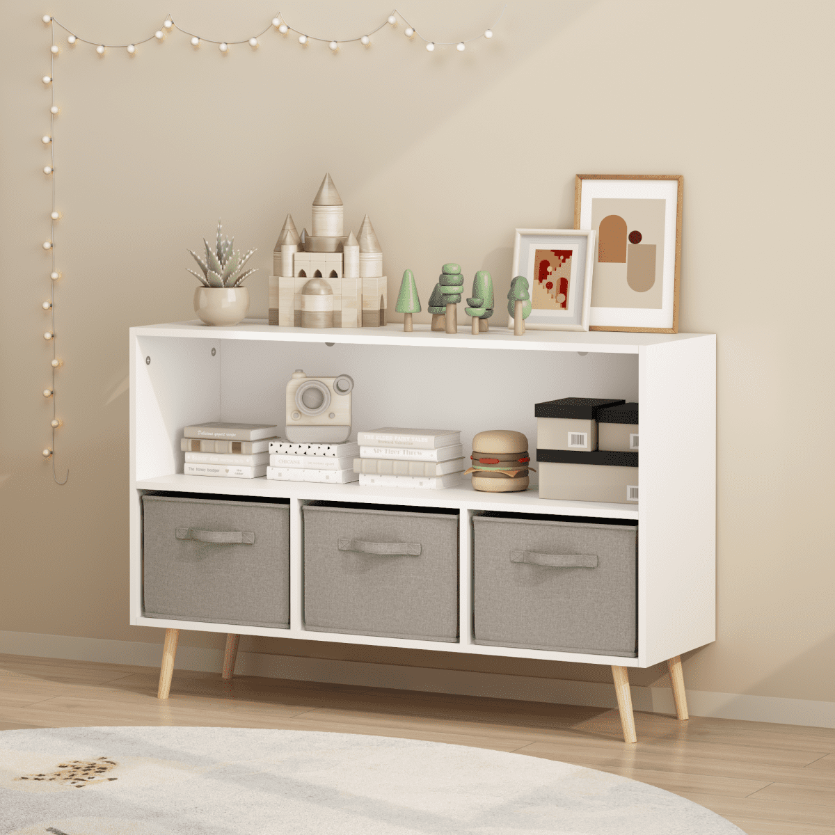 Kids bookcase with Collapsible Fabric Drawers, Children's Book Display ...