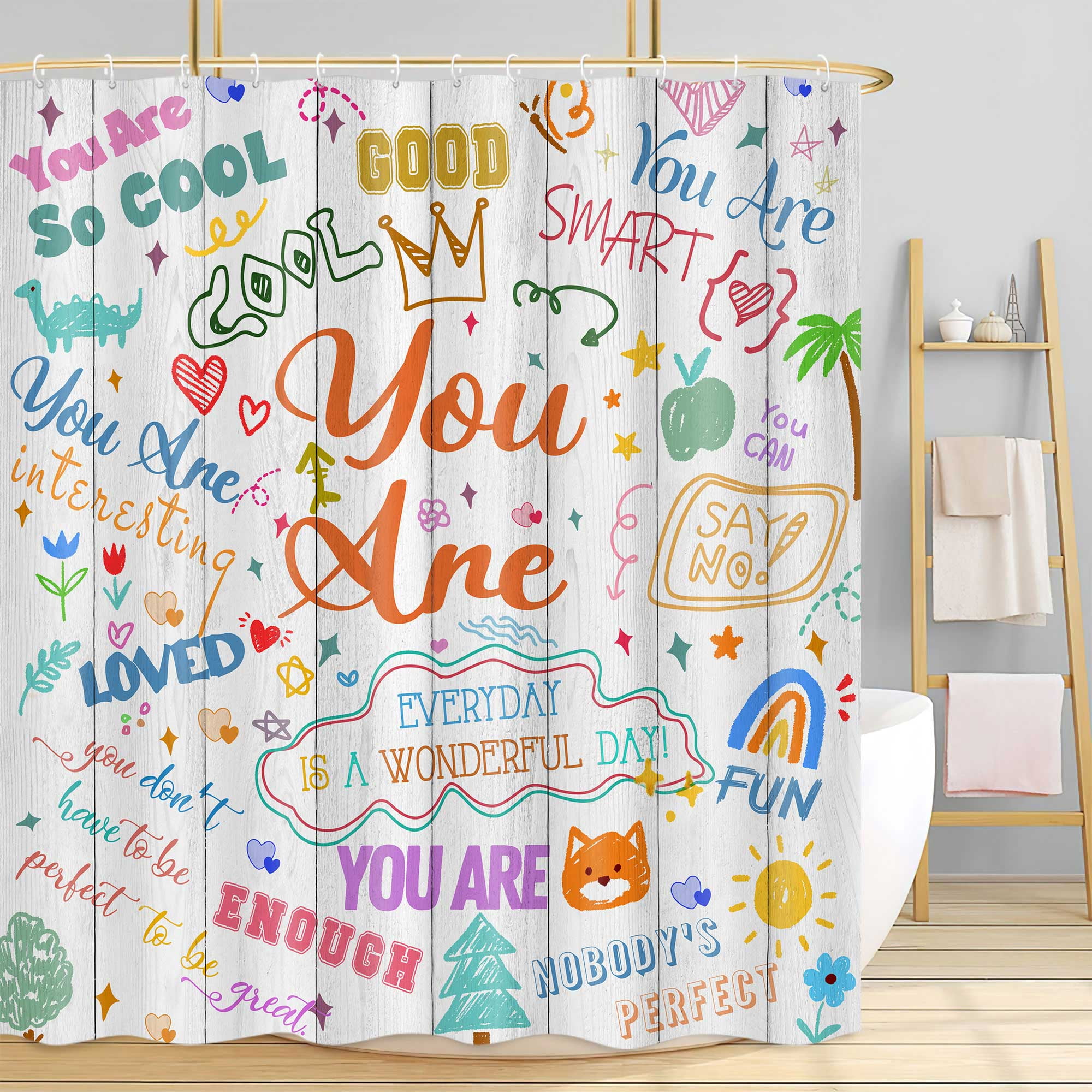 Kids nspirational Quotes Shower Curtain, Funny Colorful Wood Planks ...