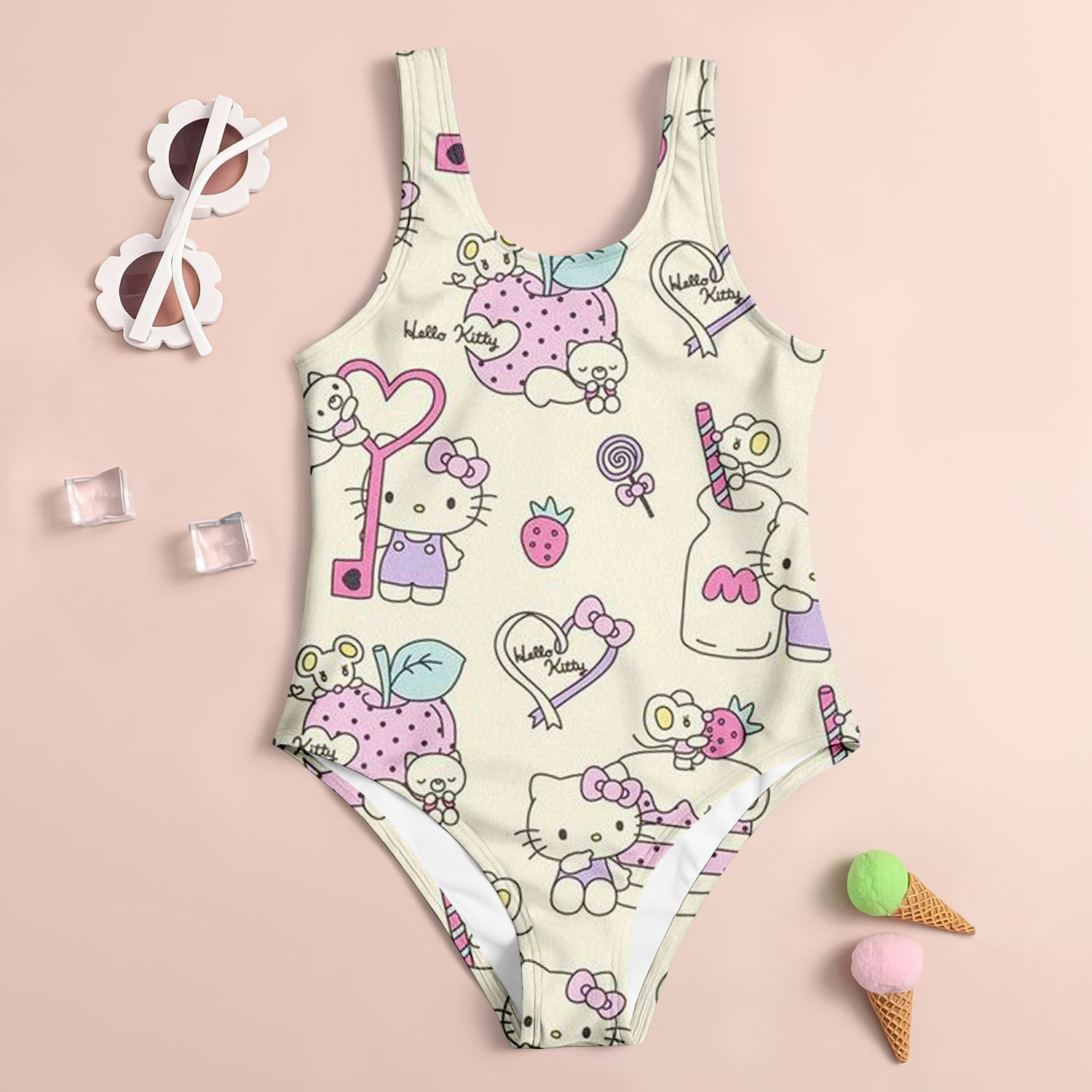 Kids set swimsuit 3D hello kitty printed pattern printed girl's ...