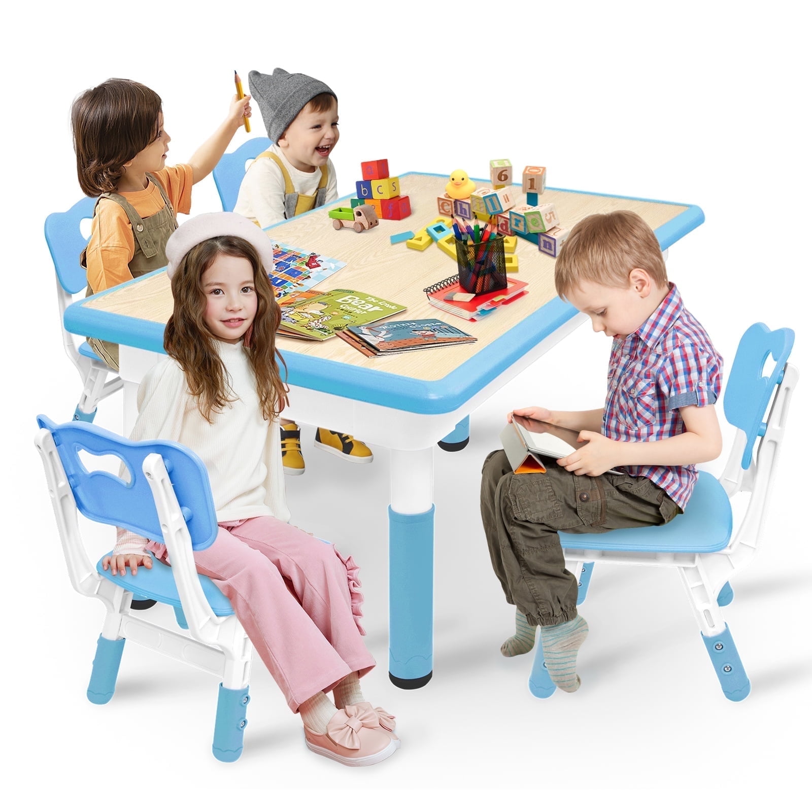 Kidsbuddy Kids Table and 4 Chairs Set Height Adjustable Toddler Play ...