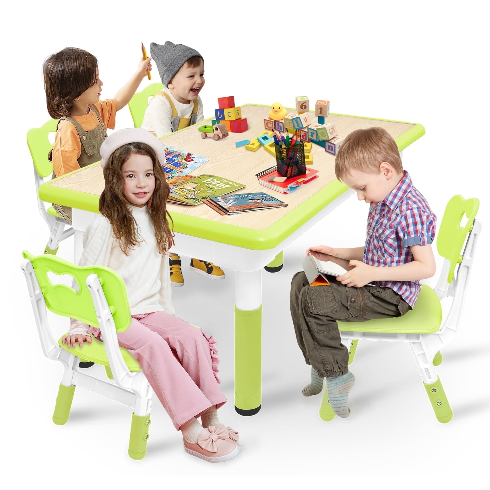 Kidsbuddy Kids Table and 4 Chairs Set Height Adjustable Toddler Play ...