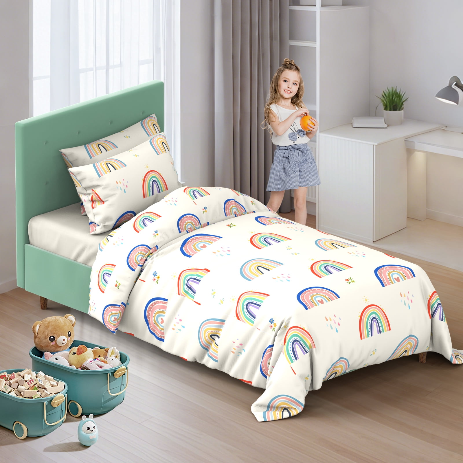 Kidsbuddy Twin 3 Piece Kids Rainbow Comforter Set with 2 Pillow Covers ...