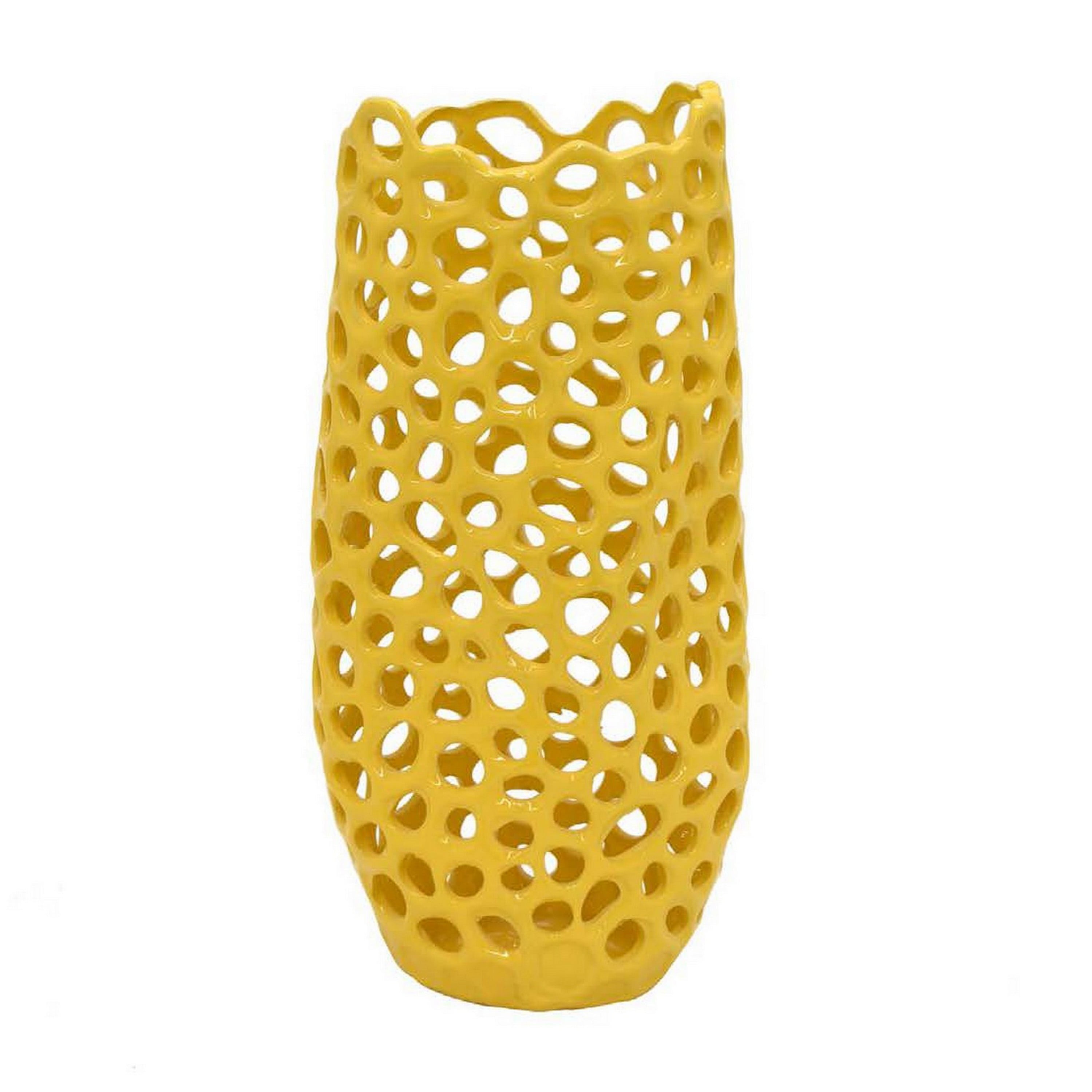 Kifa Flower Vase, Modern Cutout Textured Look, 15 Inch Yellow Ceramic ...