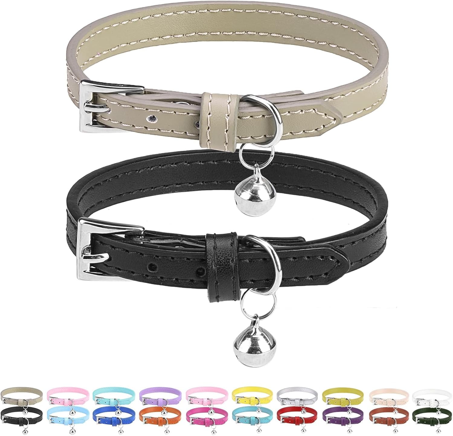 Kiibsot 2 Pack Soft Leather Cat Kitten Collar with Bells, Adjustable ...