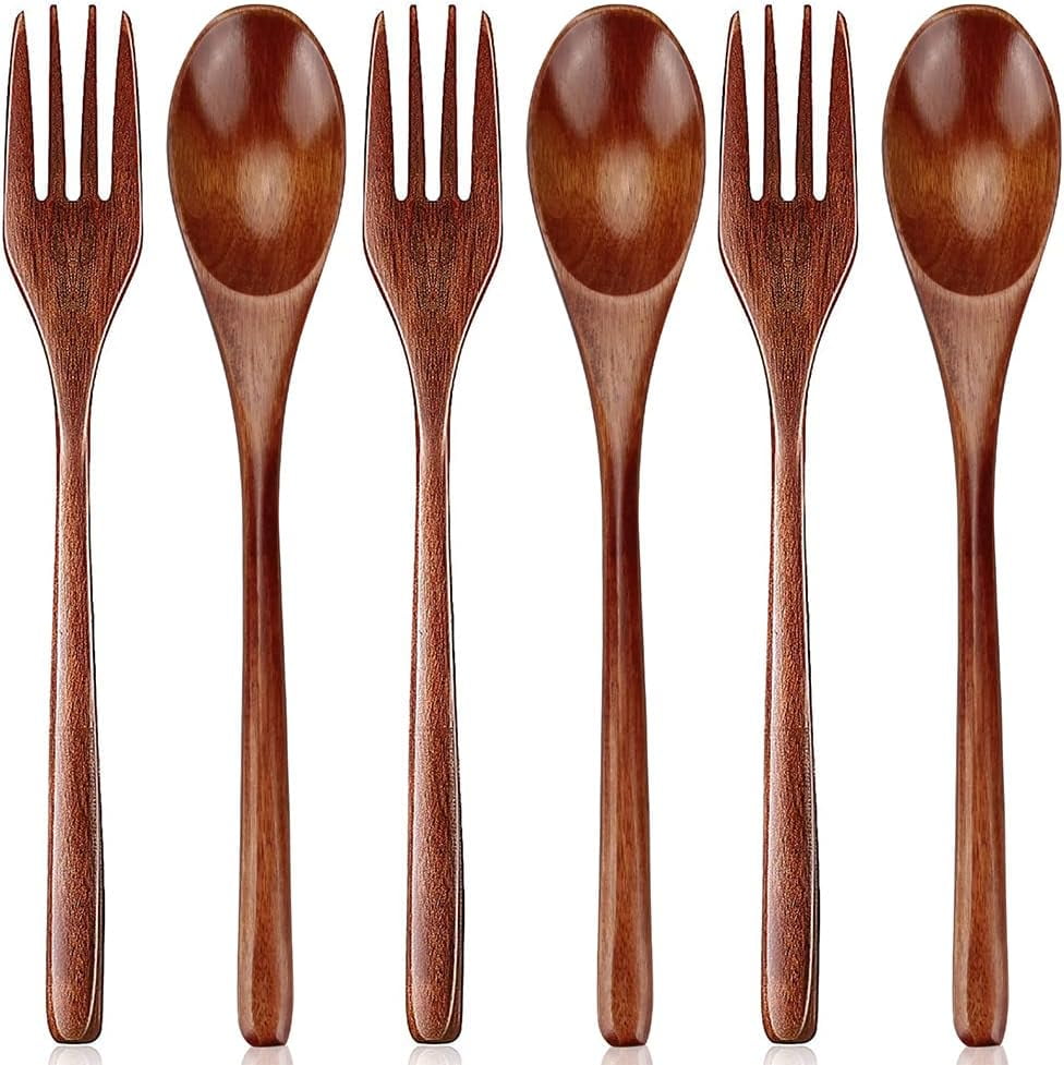 Kiibsot 6 Pieces/ 12 Pieces Wooden Forks and Spoons for Eating Utensil ...
