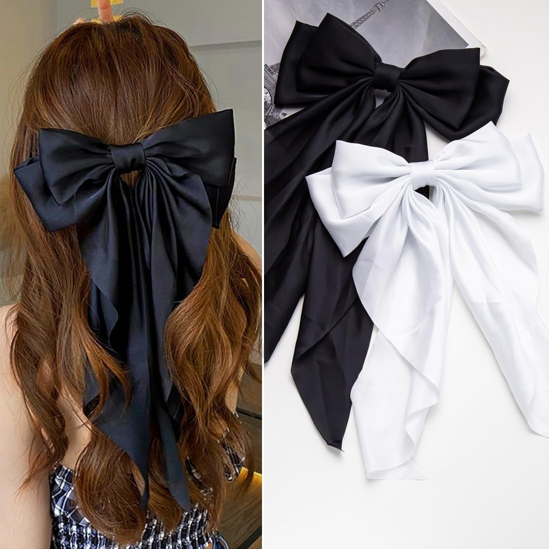 Kiibsot Hair Bows Ribbon Bows for Women, Silky Satin Ribbon Hair Clips ...