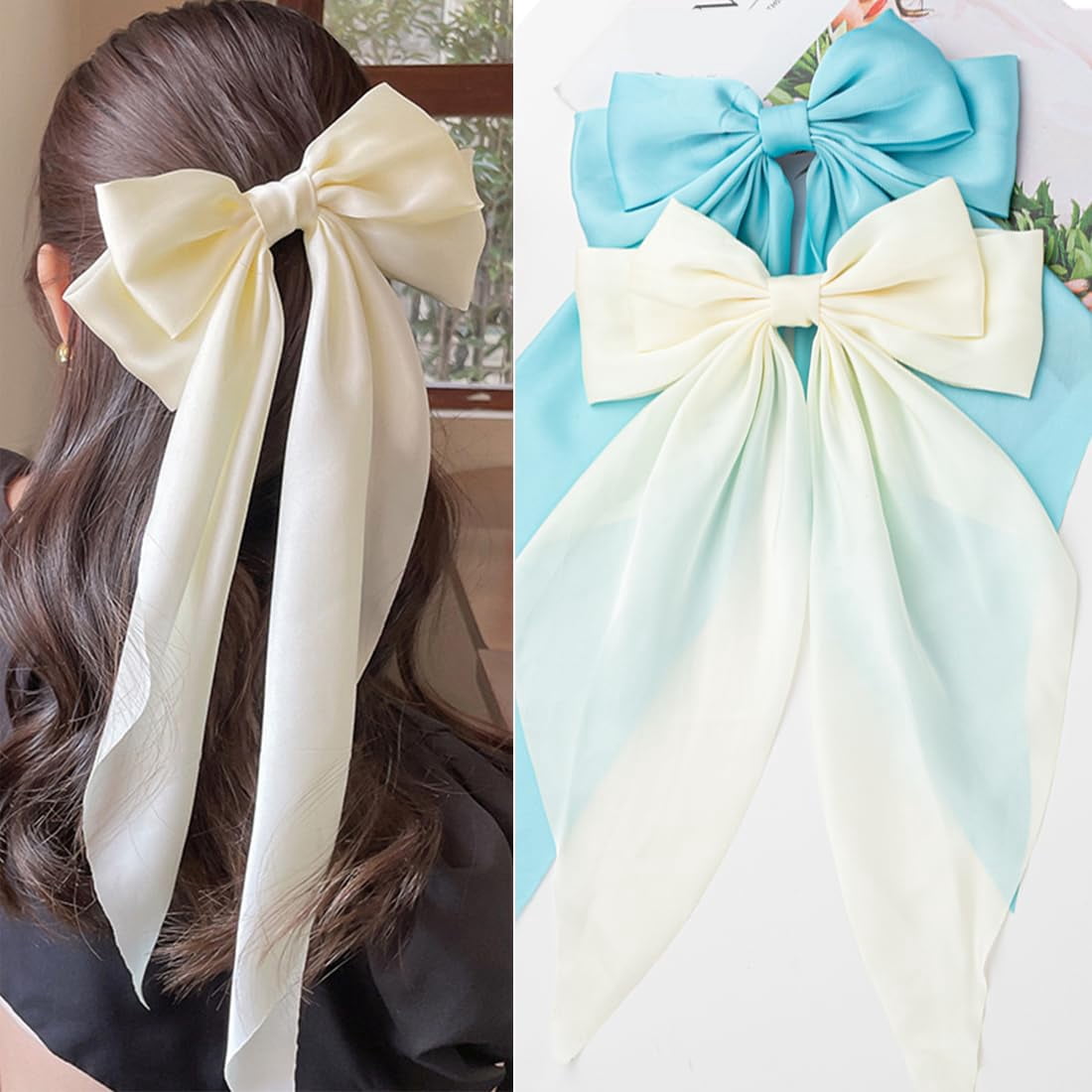 Kiibsot Hair Bows Ribbon Bows for Women, Silky Satin Ribbon Hair Clips ...