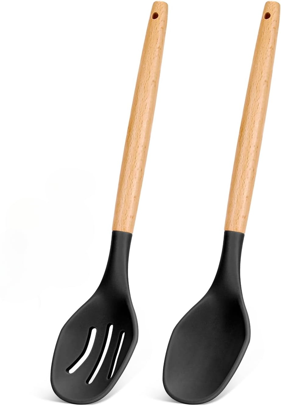 Kiibsot Large Silicone Cooking Spoons, 2 Pack Nonstick Solid and ...