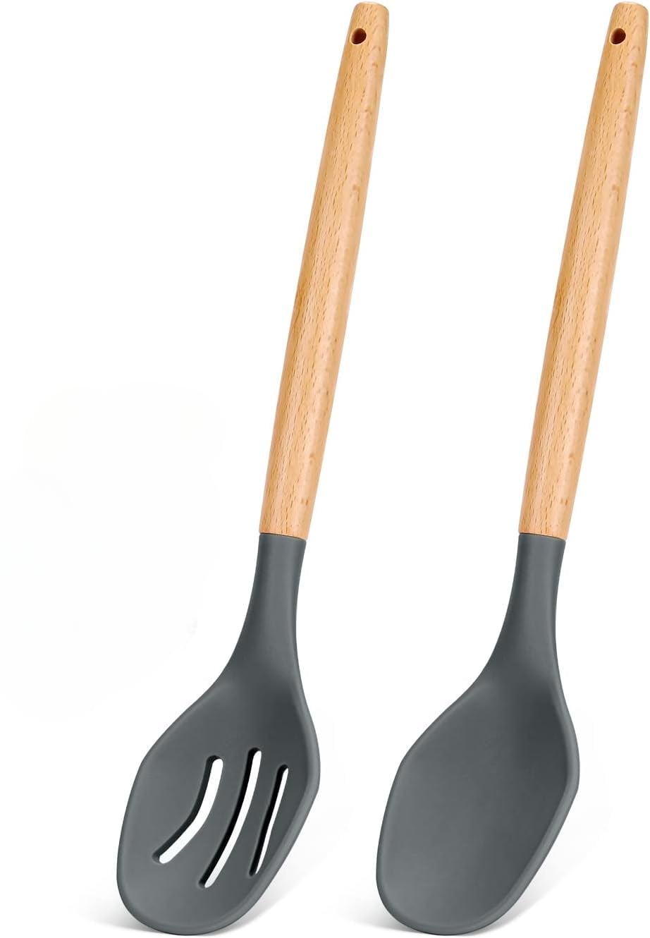 Kiibsot Large Silicone Cooking Spoons, 2 Pack Nonstick Solid and ...