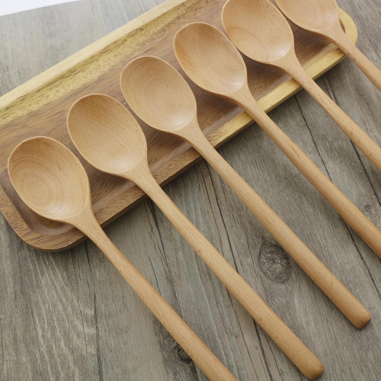 Kiibsot Wooden Spoons, 6 Pieces 9 Inch Wood Soup Spoons for Eating ...