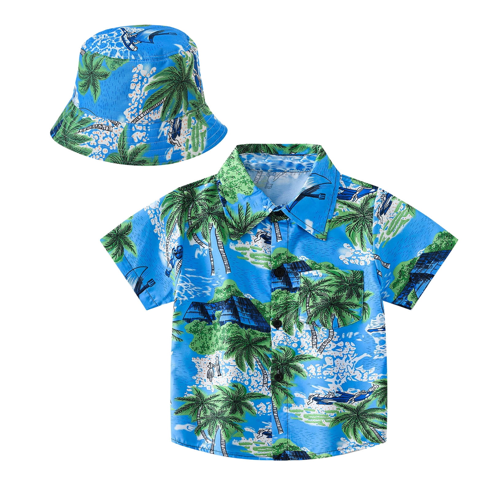 Kiijoy Big Boy Hawaii Beach Button Down Shirt Tropical Print Short Sleeve Shirt with Hat ...