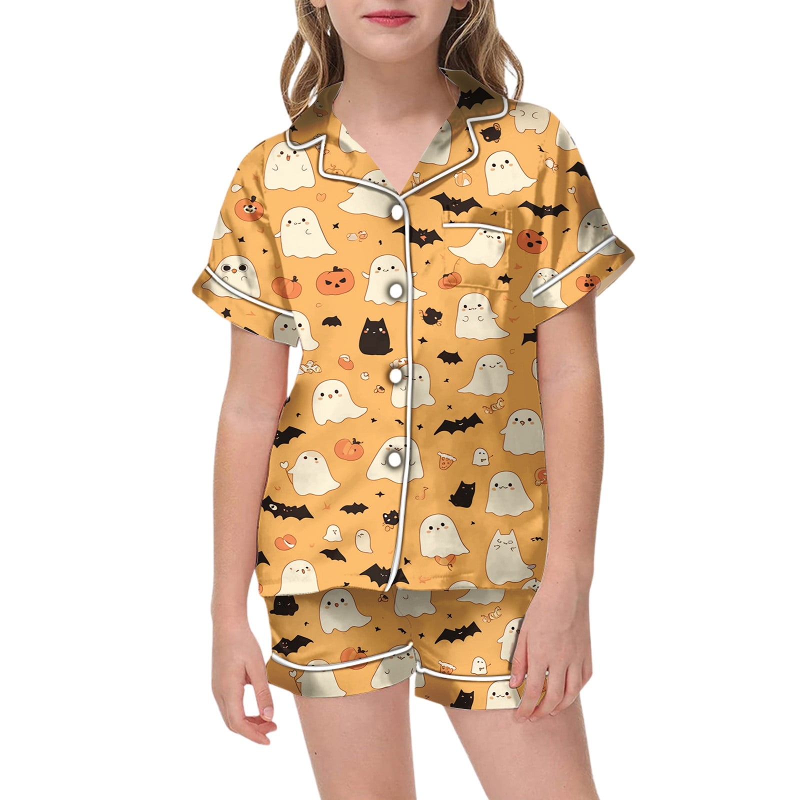 Kiijoy Big Girl's Halloween Pajamas Cartoon Ghost Print Button Down ...