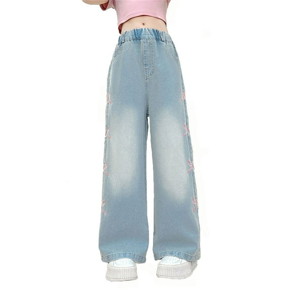 Kiijoy Big Girls Pull On Jeans Cute Bow Print Straight Leg Denim Pants ...