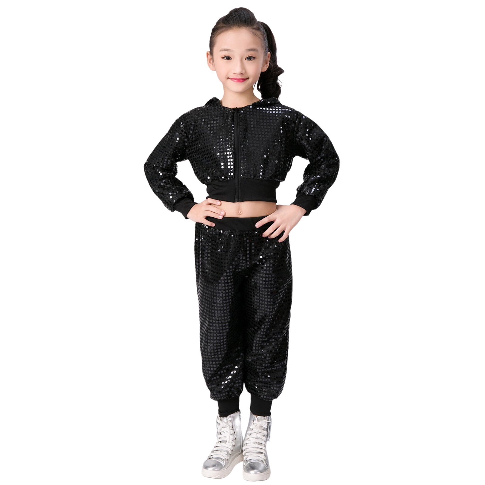 Kiijoy Big Girls Sequin Glitter Zip Up Jacket Pants Suit Party Dance ...