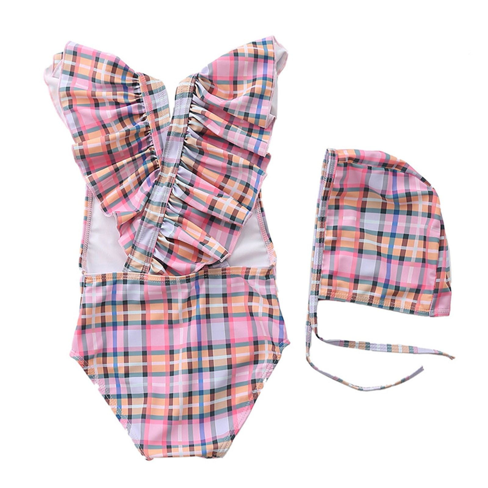 Kiijoy Girl Ruffle Plaid One-Piece Swimsuit with Hat Swimwear Set ...