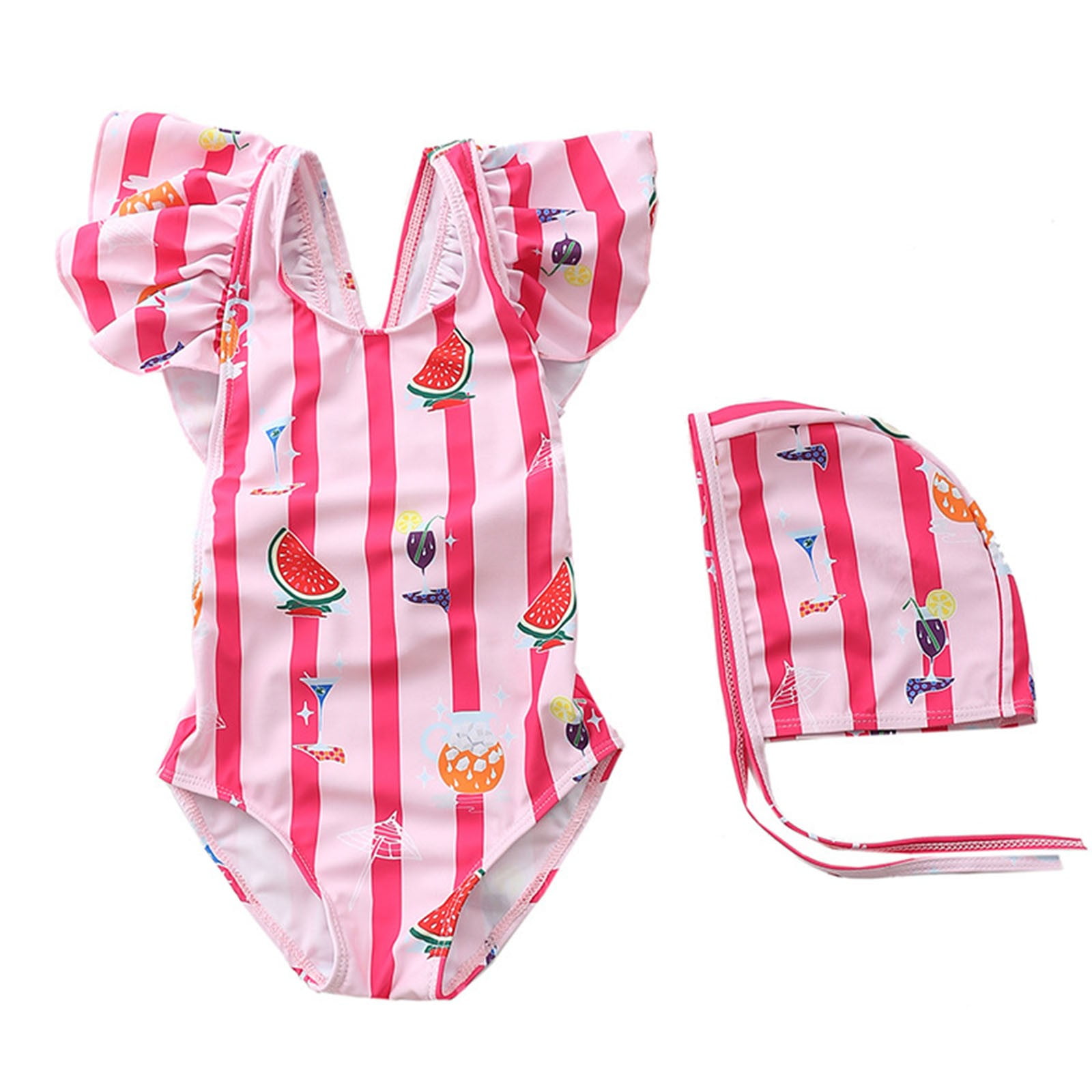 Kiijoy Girl's Ruffle Striped One-Piece Swimsuit with Hat Bathing Suit ...