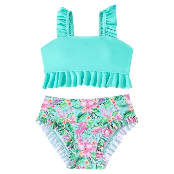 Kiijoy Girls 2-Piece Swimsuit Tropical Floral Print Ruffle UPF 50 ...