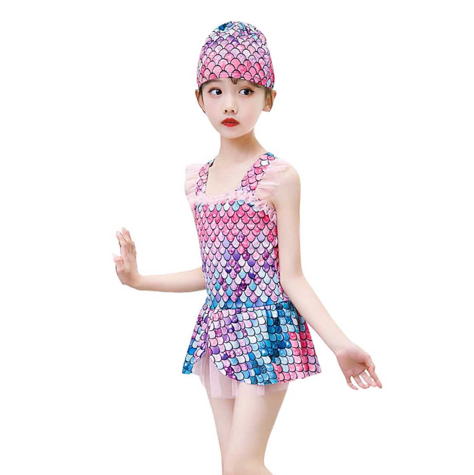 Kiijoy Girls Scale Print Ruffle One-Piece Swimsuit Cap Bathing Suit ...
