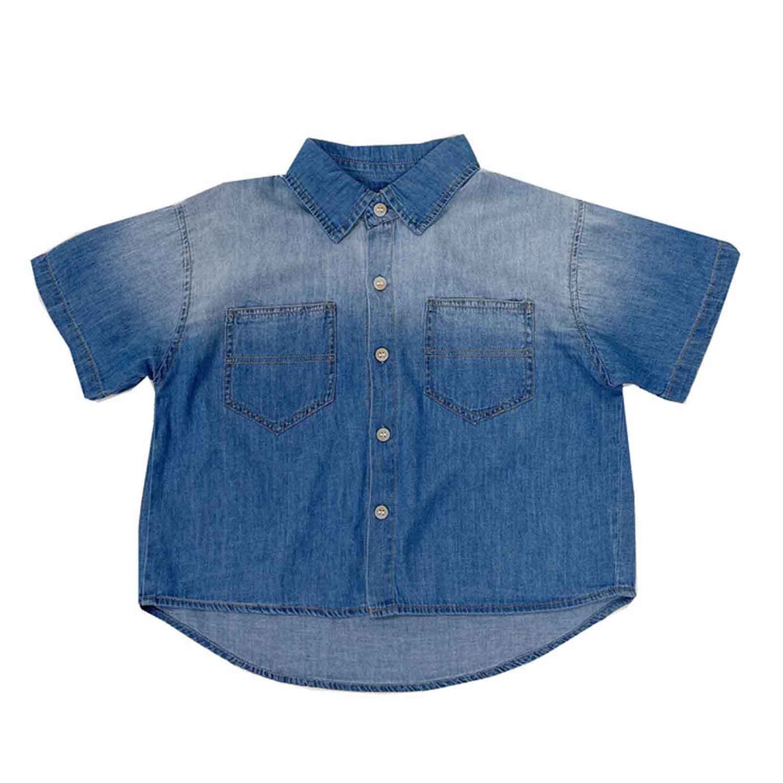 Kiijoy Little Boys Denim Shirt Gradient Short Sleeve Button Down Shirt ...