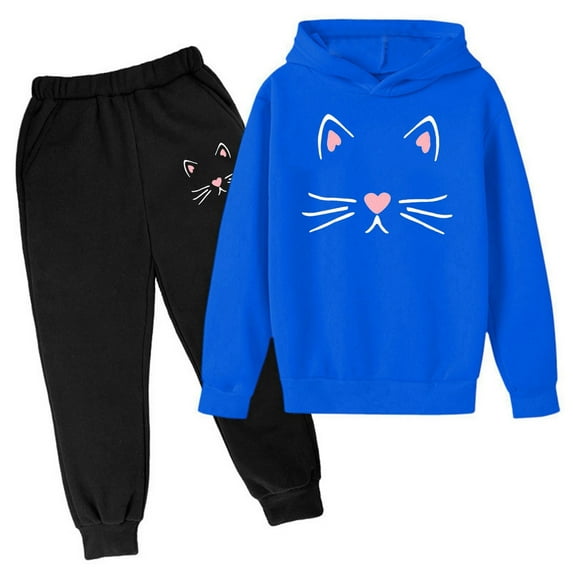 Kiijoy Toddler Girls Sweatsuit Cute Cat Print Hoodie Sweatpants Casual ...