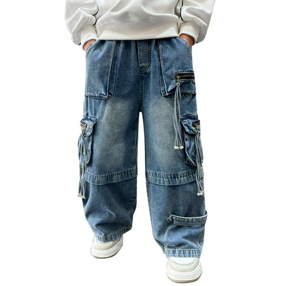 Kiijoy Tween Boys Fashion Denim Cargo Pants 6-Pocket Wide-Leg Pull On ...