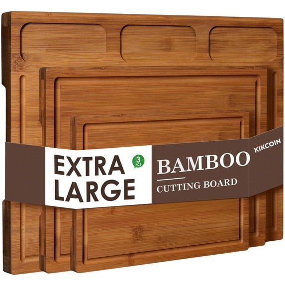 Kikcoin Cutting Board, 3-Piece Extra Large Bamboo Chopping Boards for Kitchen, Heavy Duty Wooden ...