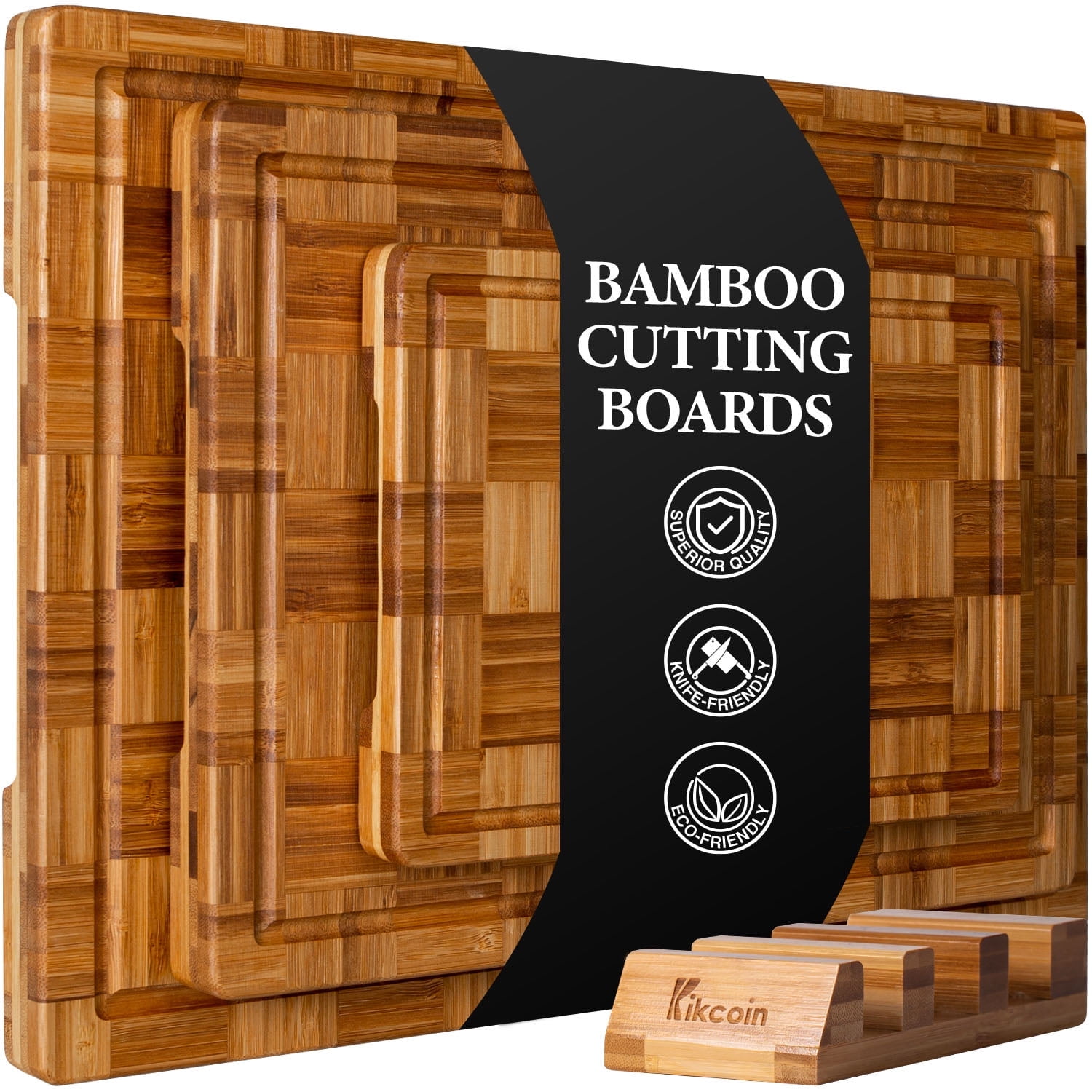 Kikcoin Extra Large Bamboo Cutting Board, (Set of 3) Wood Chopping Board for Kitchen with Juice ...
