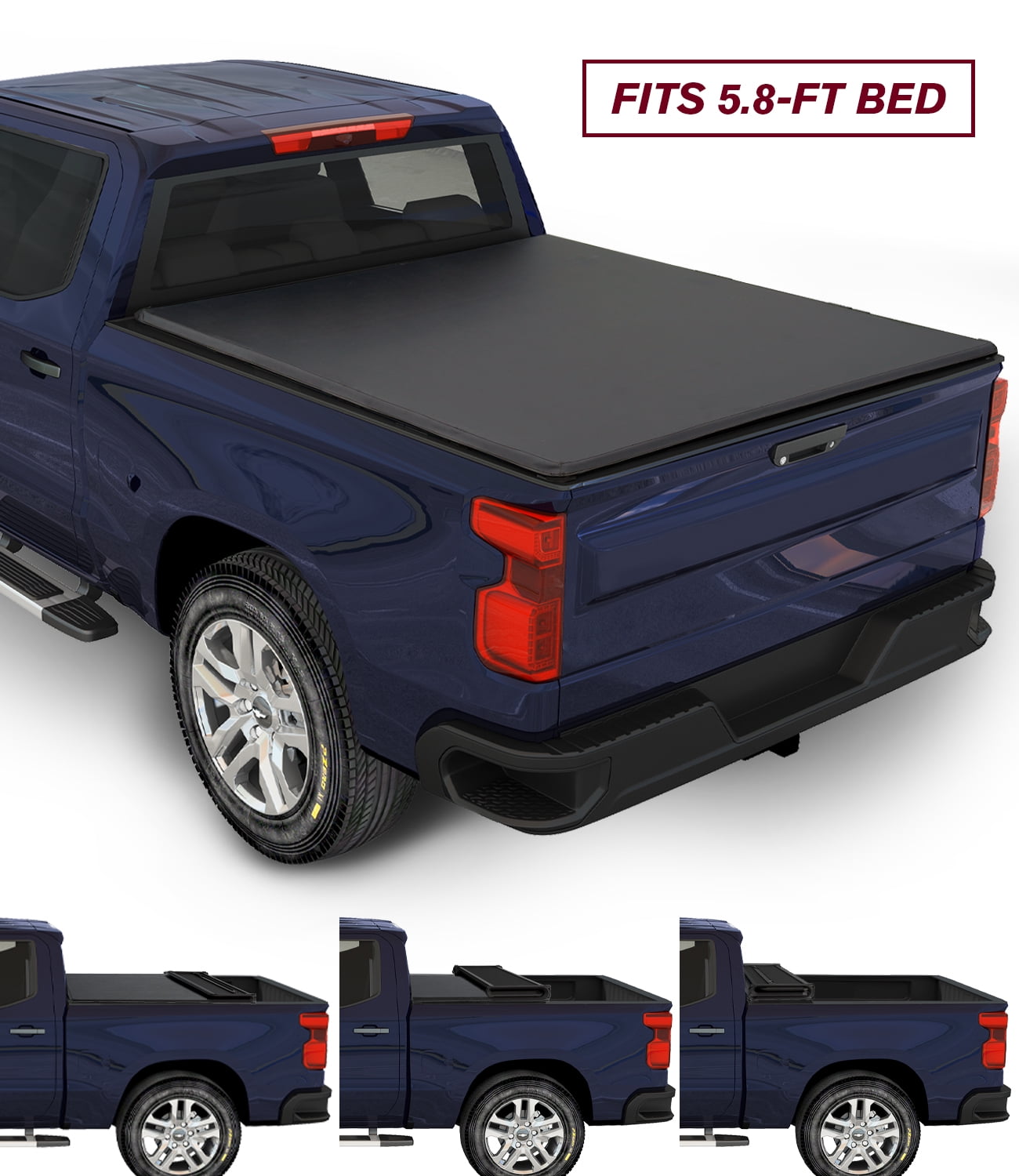 Kikito GMC Soft Quad-Fold Vinyl Tonneau Cover, Velcro Seals, for 2007-2024 Silverado Sierra 1500 ...
