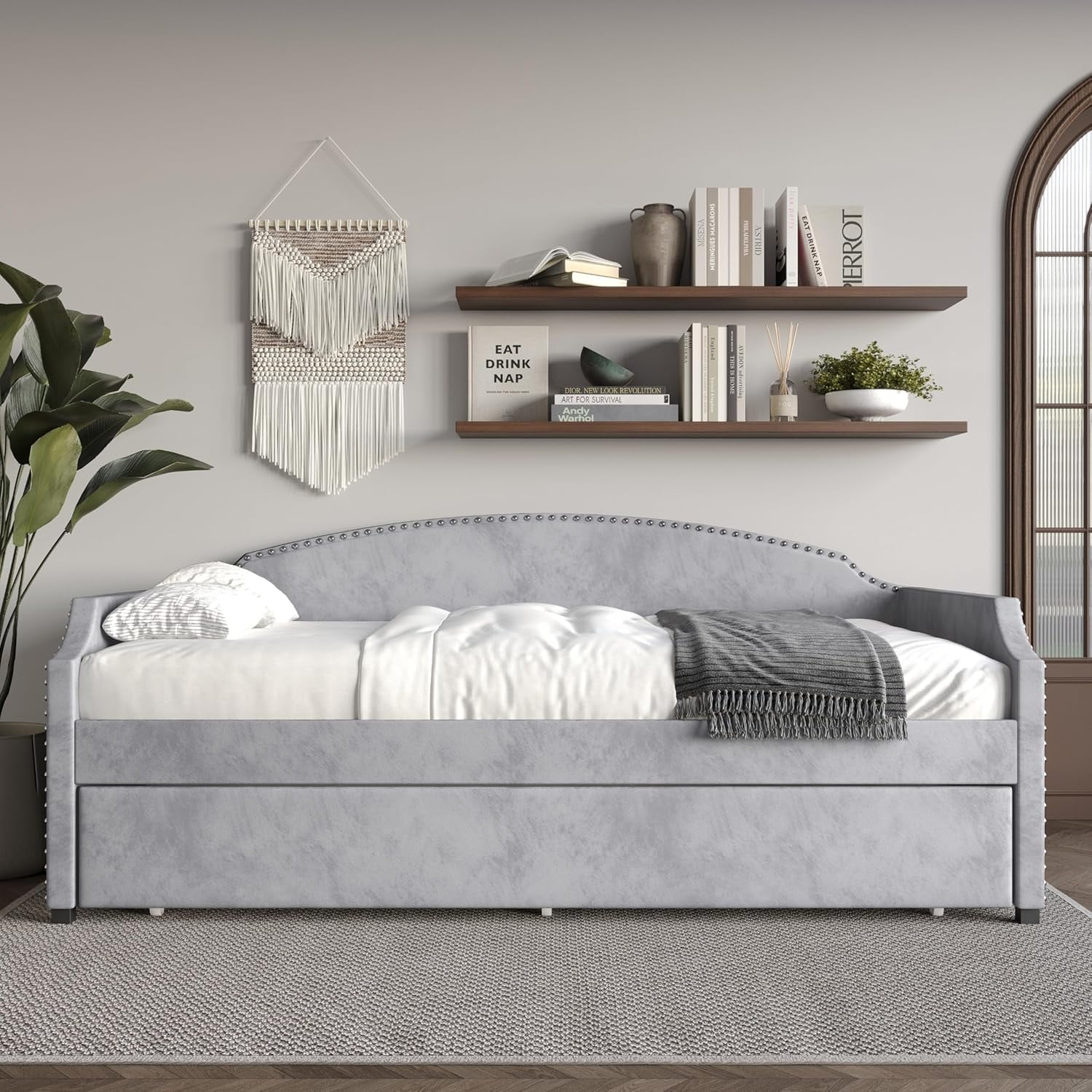 Kilagore Velvet Upholstered Nailhead Trim Daybed with Trundle (Silver ...