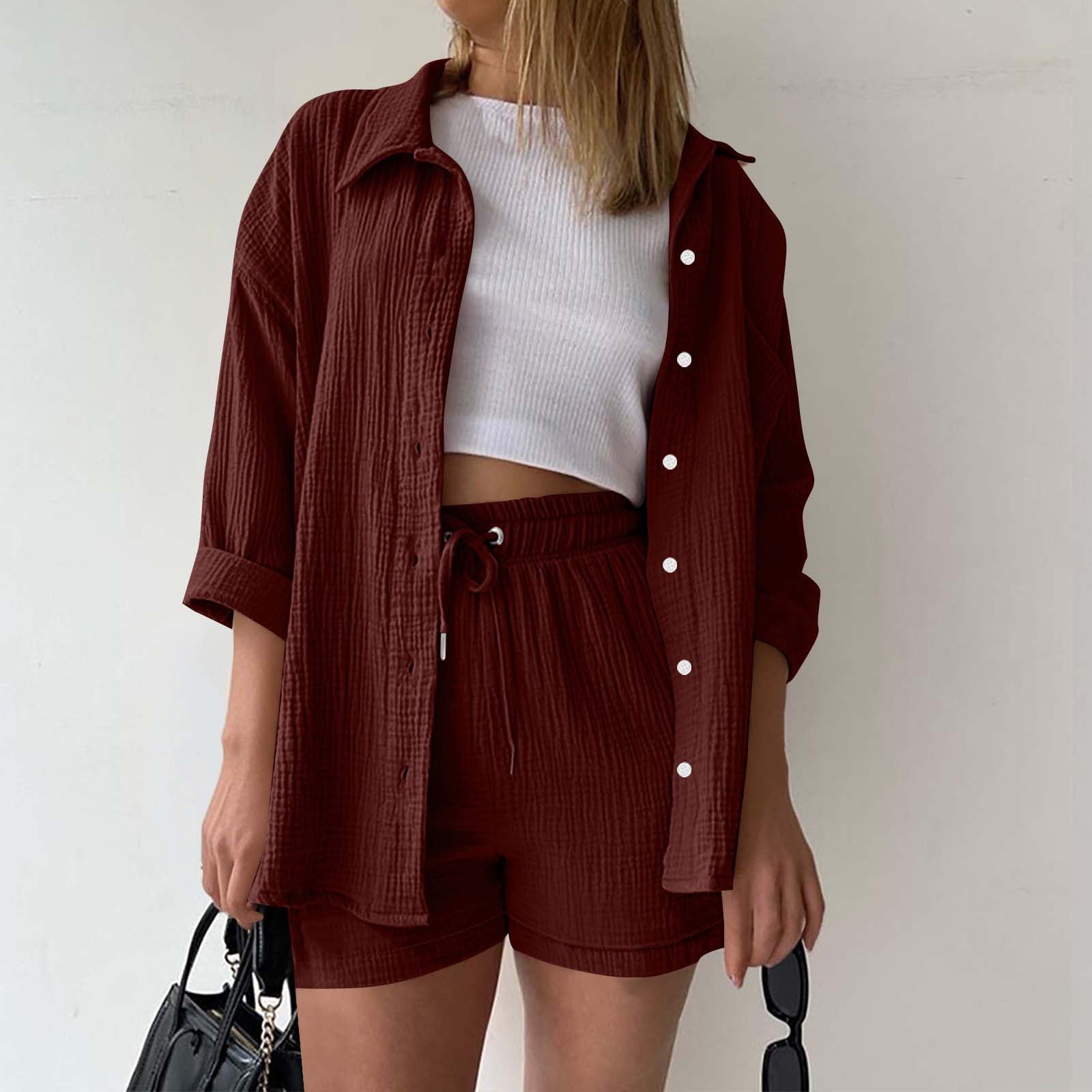 Kilaqueen 2 Piece Linen Sets for Women Casual 3/4 Sleeve Button Down ...