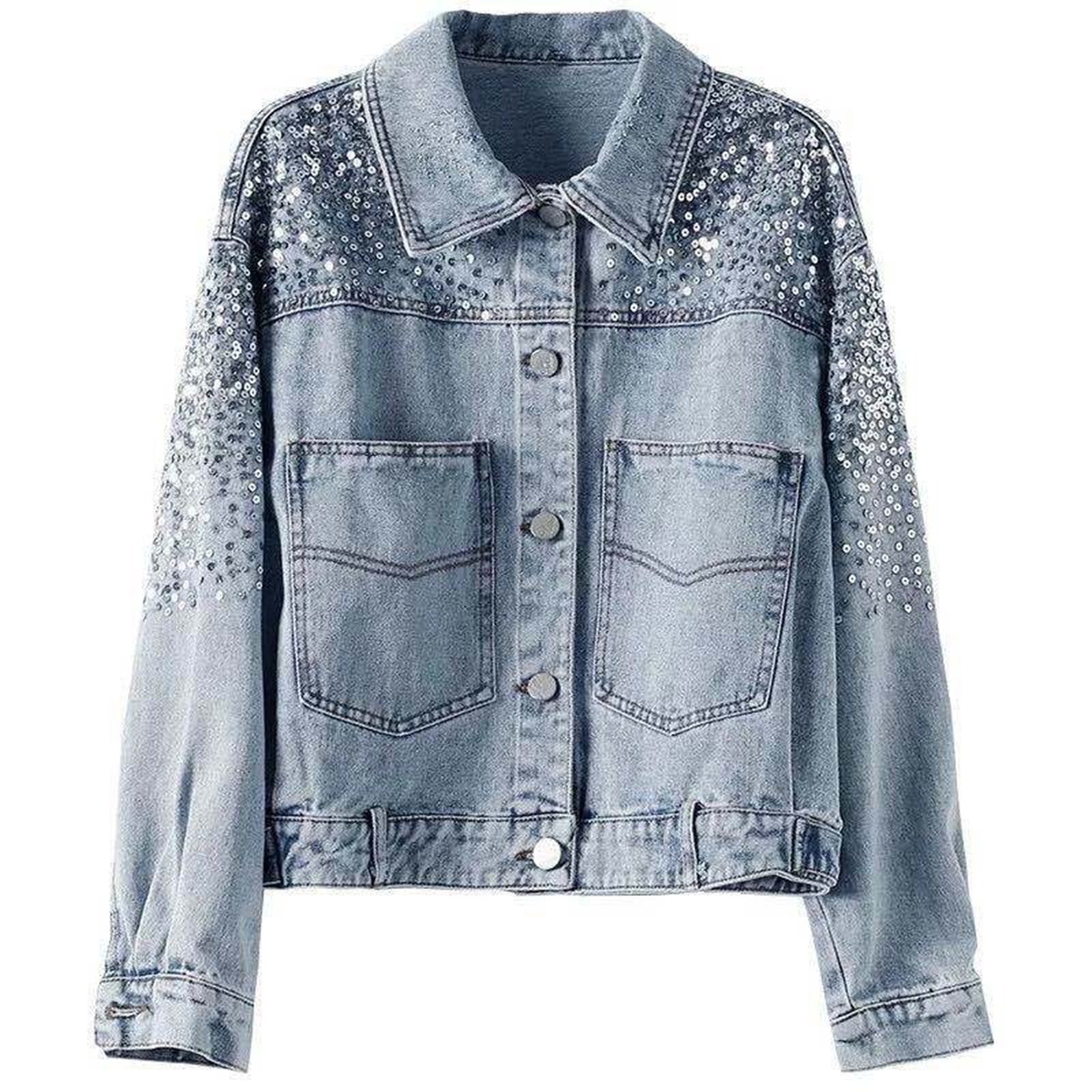 Kilaqueen 2025 Denim Jacket for Women Sequin Long Sleeve Lapel Button ...