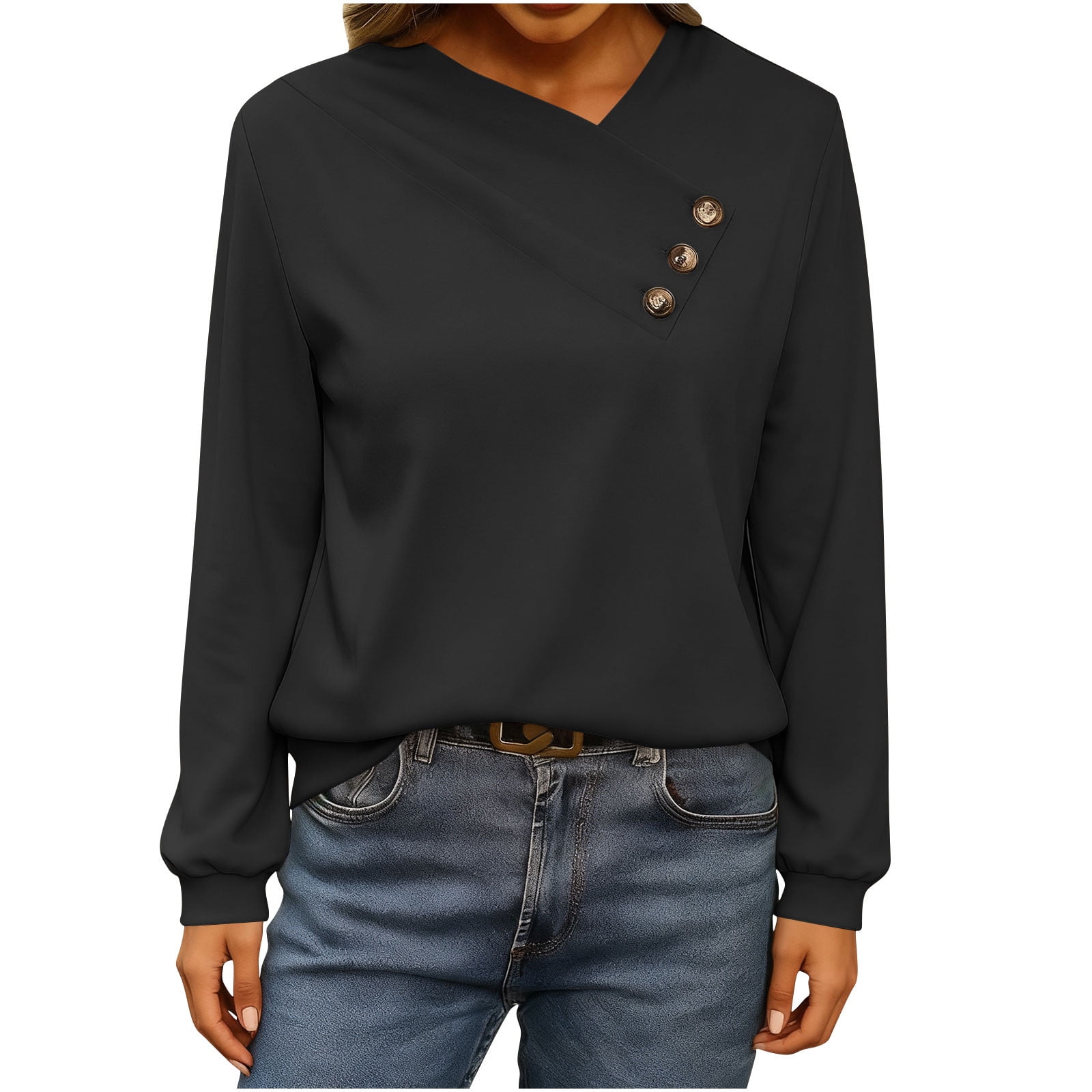 Kilaqueen Asymmetry V Neck Womens Tops Solid Color Trendy Button Dressy ...