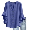 Kilaqueen Cotton Linen Tops for Women Ruffle 3/4 Sleeve V Neck Button ...