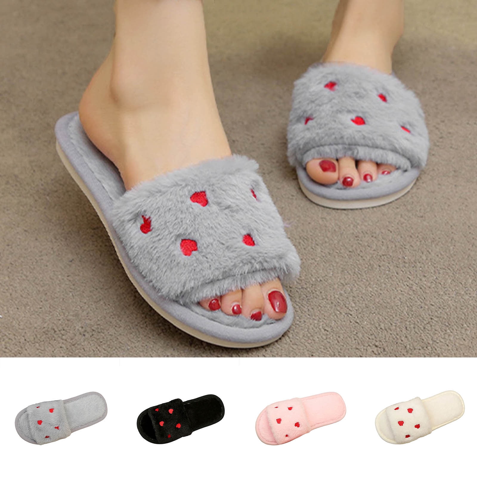 Kilaqueen Cute Heart Pattern Bedroom Slippers Women, Cozy Fuzzy Open ...