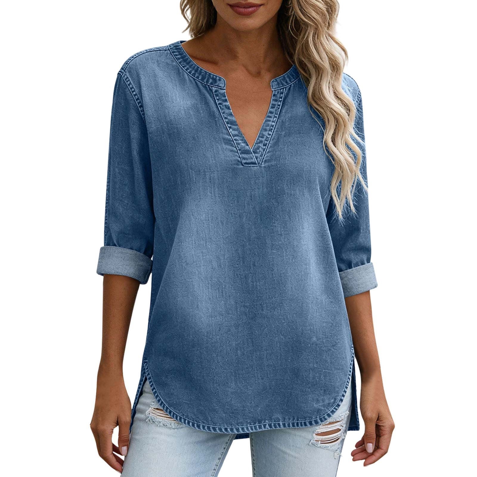 Kilaqueen Denim Shirt Women V Neck 3/4 Length Sleeve Loose Fit Washed ...