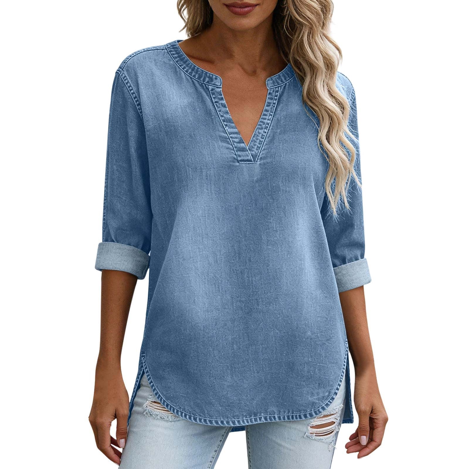 Kilaqueen Denim Shirt Women V Neck 3/4 Length Sleeve Loose Fit Washed ...