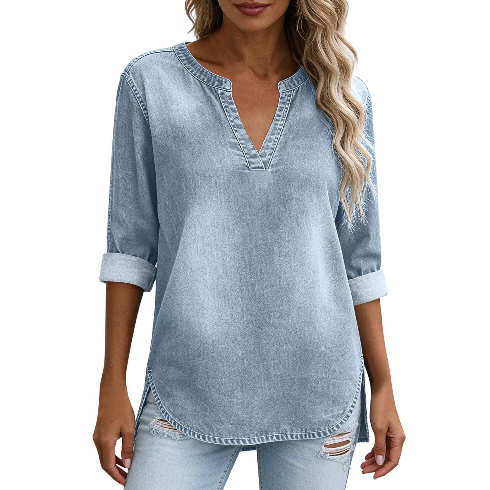 Kilaqueen Denim Shirt Women V Neck 3/4 Length Sleeve Loose Fit Washed ...