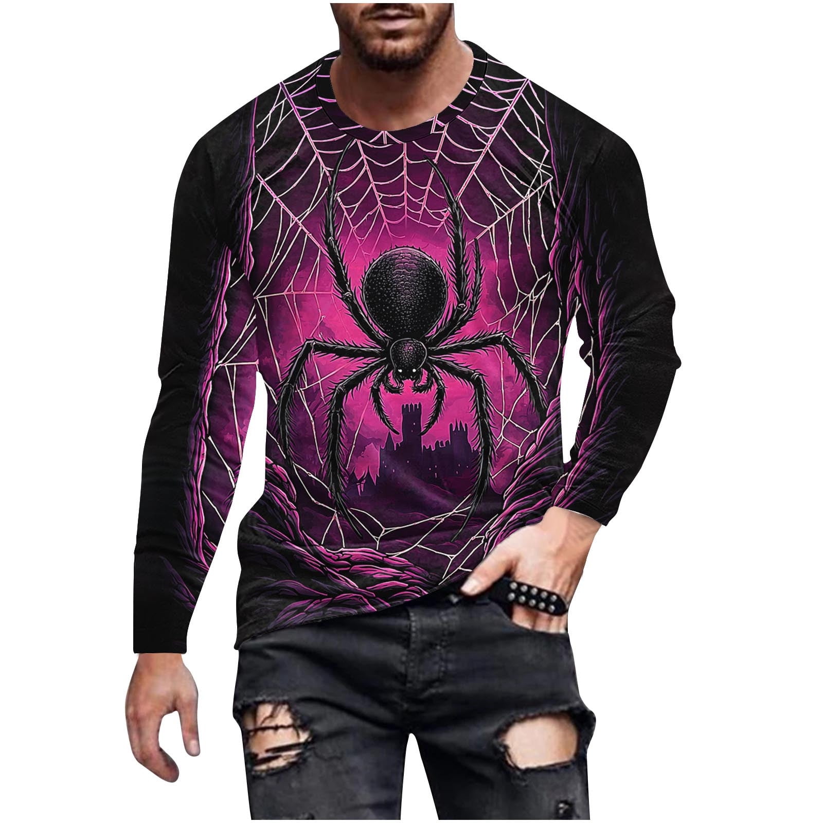 Kilaqueen Halloween Shirts for Men Spooky Graphic Long Sleeve Crewneck ...